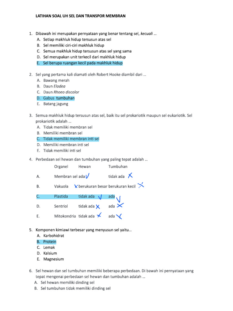 Latihan Soal Uh Sel Dan Transpor Membran | PDF