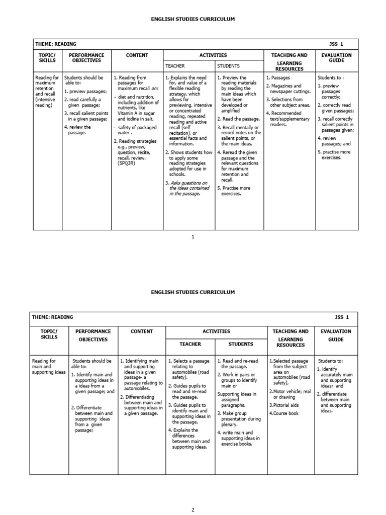 jss1-3 English Studies | PDF | Reading Comprehension | Curriculum