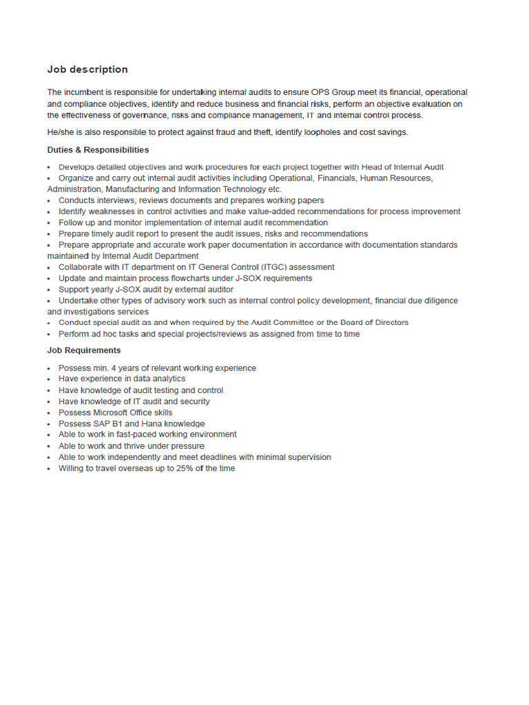 Internal Auditor - JD (Johor) | PDF