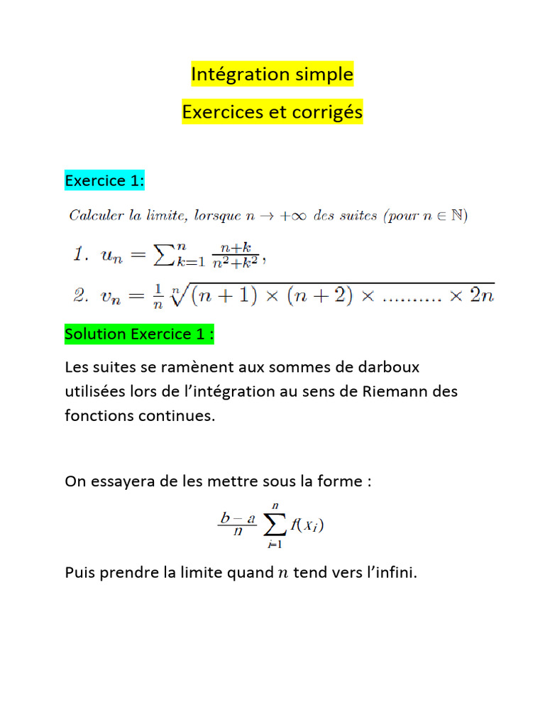 Integrale Simple SSolutions Exercices 1 2 3 Integration Simple Révisée ...