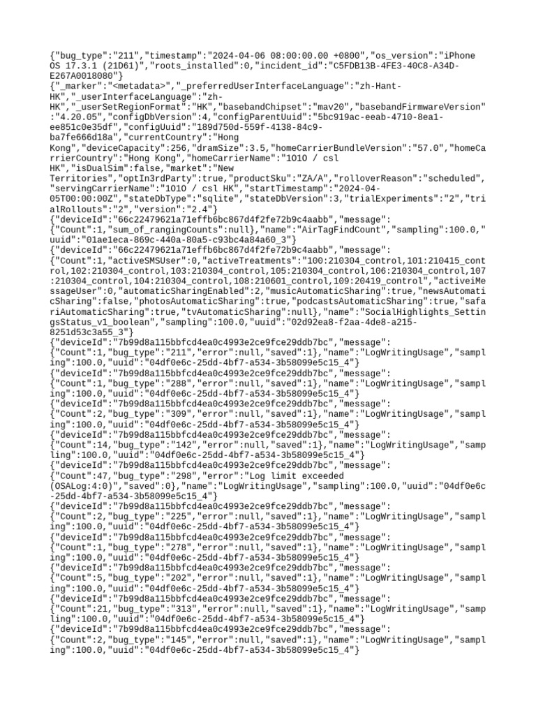 ("Bug - Type":"211","timestamp":"2024-04-06 08:00:00.00 +0800","os - Version":"iphone OS 17.3.1 ...