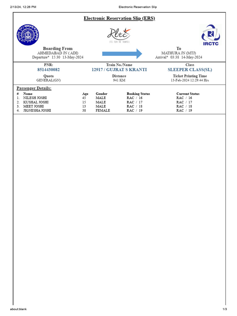 Electronic Reservation Slip - ANSH MATHURA NON AC | PDF