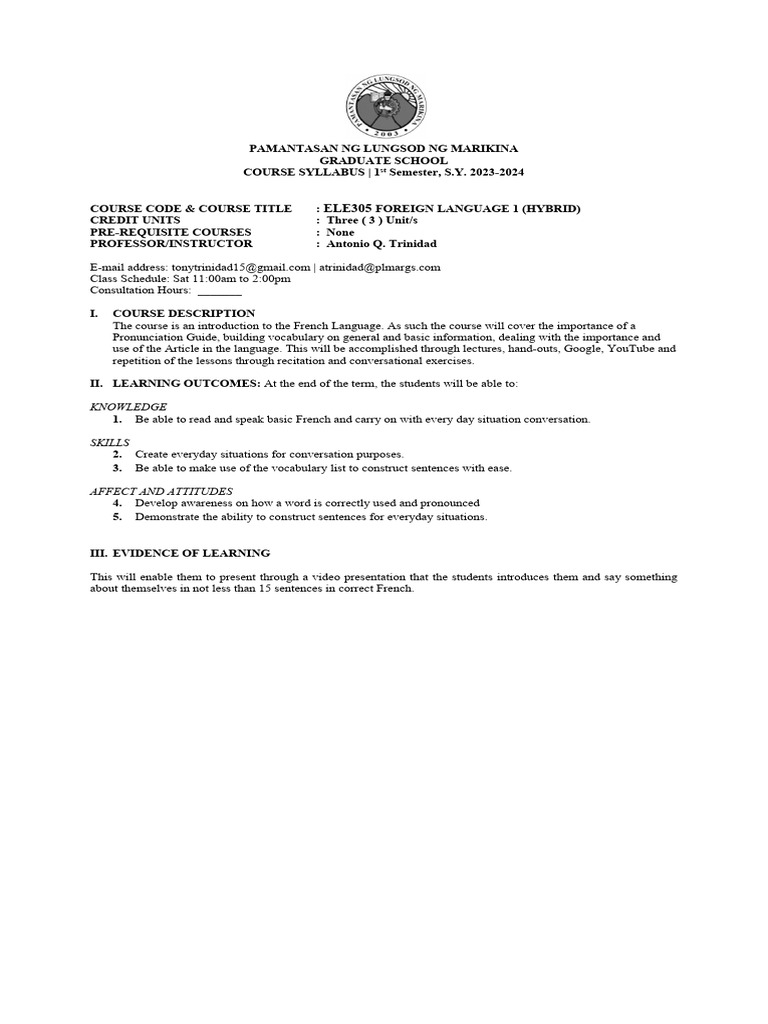 Sample Course Syllbus | PDF