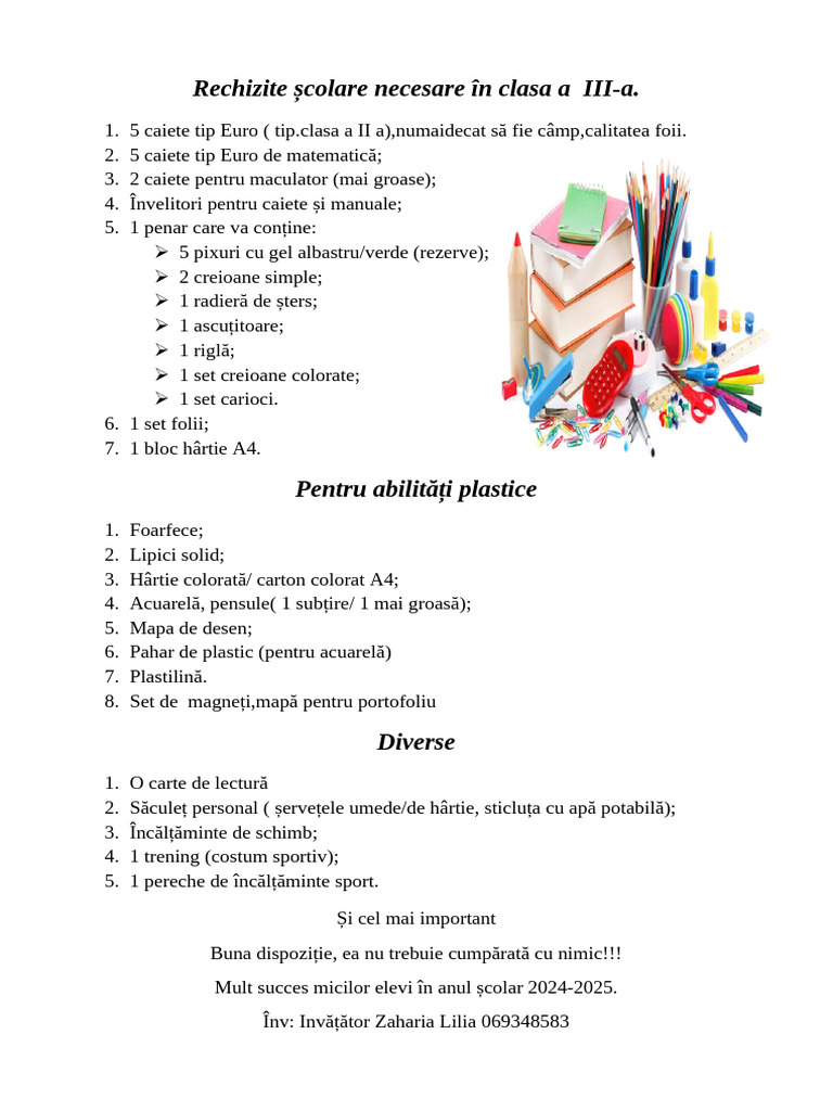 Rechizite Școlare Necesare În Clasa I | PDF