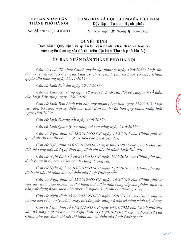 Quyet Dinh 21 2023 QD Ubnd Ha Noi Quan Ly Van Hanh Bao Tri Cac Tuyen Duong Sat Do Thi | PDF