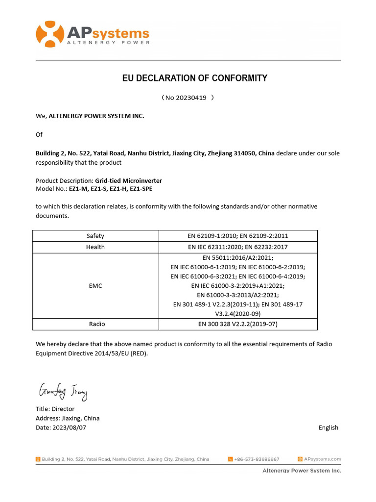 QP-ED-07-102 A1 EU Declaration of Conformity EZ1 Series | PDF
