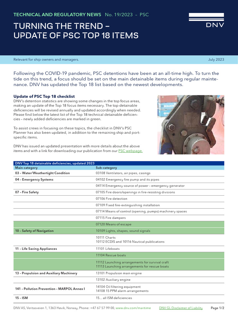 DNV TRN No19 - 2023 - Turning The Trend - Update of PSC Top 18 Items | PDF