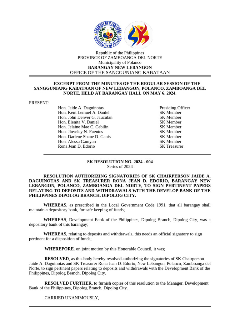 SK Resolution No. 2024 - 004 | PDF
