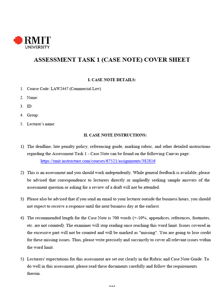 Task 1 - Case Note Question Sem 3 2019 - Official Version | PDF