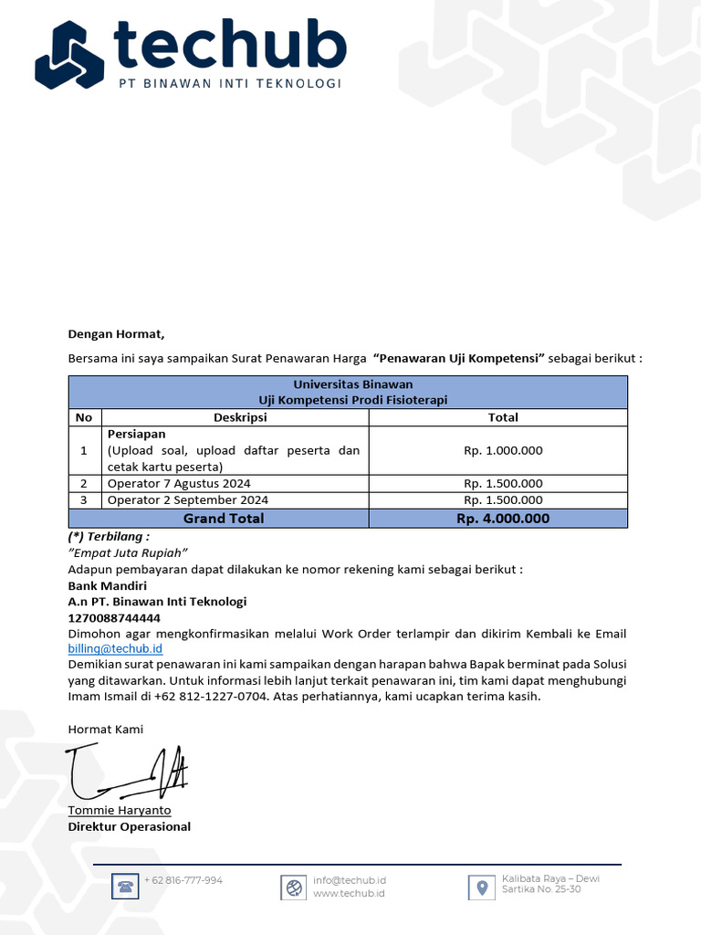 Quotation Techub - Unv. Binawan (Uji Kompetensi Profi Fisio) 5 Agustus 2024 | PDF