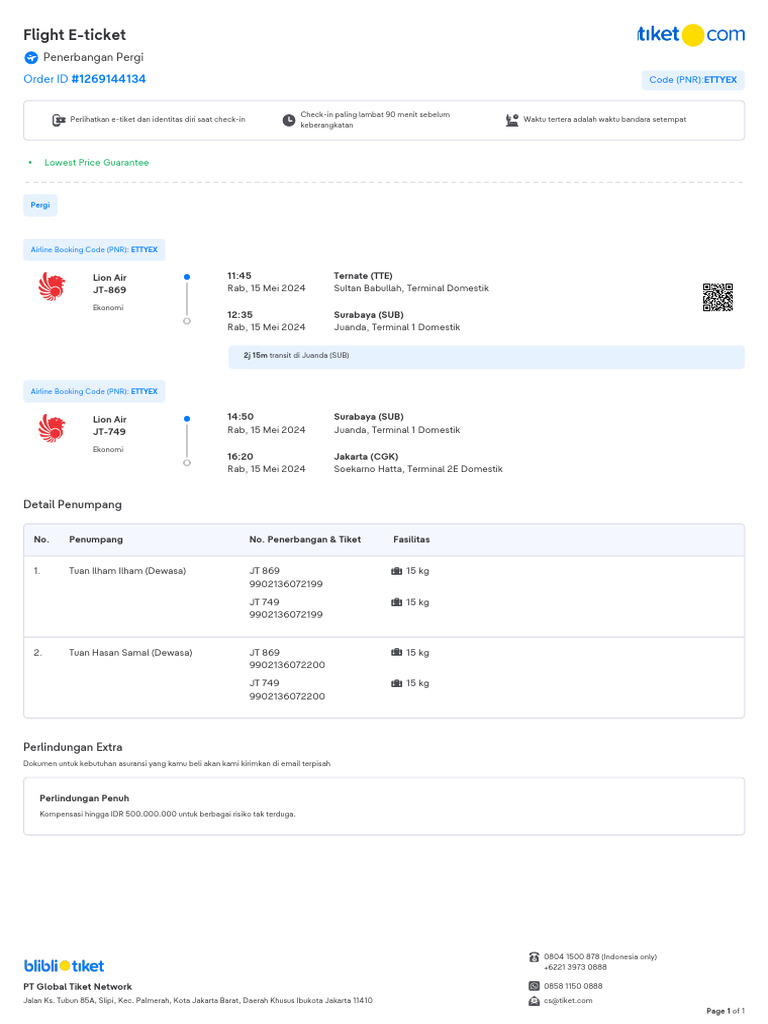 Flight E-Ticket - Order ID - 1269144134 - ETTYEX | PDF