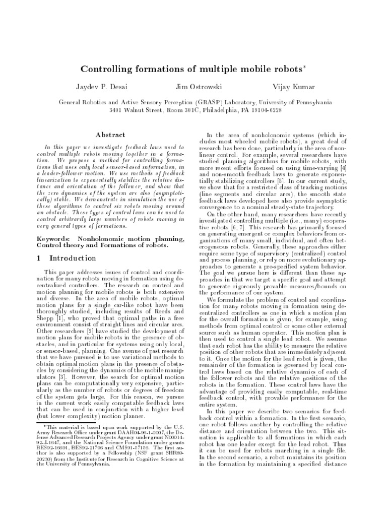 Controlling Formations Of Multiple Mobile Robots Pdf