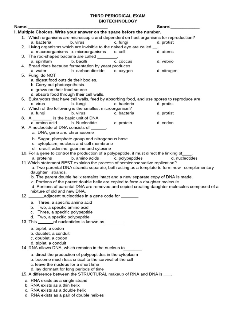 Grade 8 Biotechnology Exam Review | PDF | Rna | Translation (Biology)