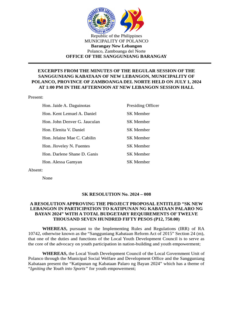 SK Resolution No. 2024 - 012 | PDF