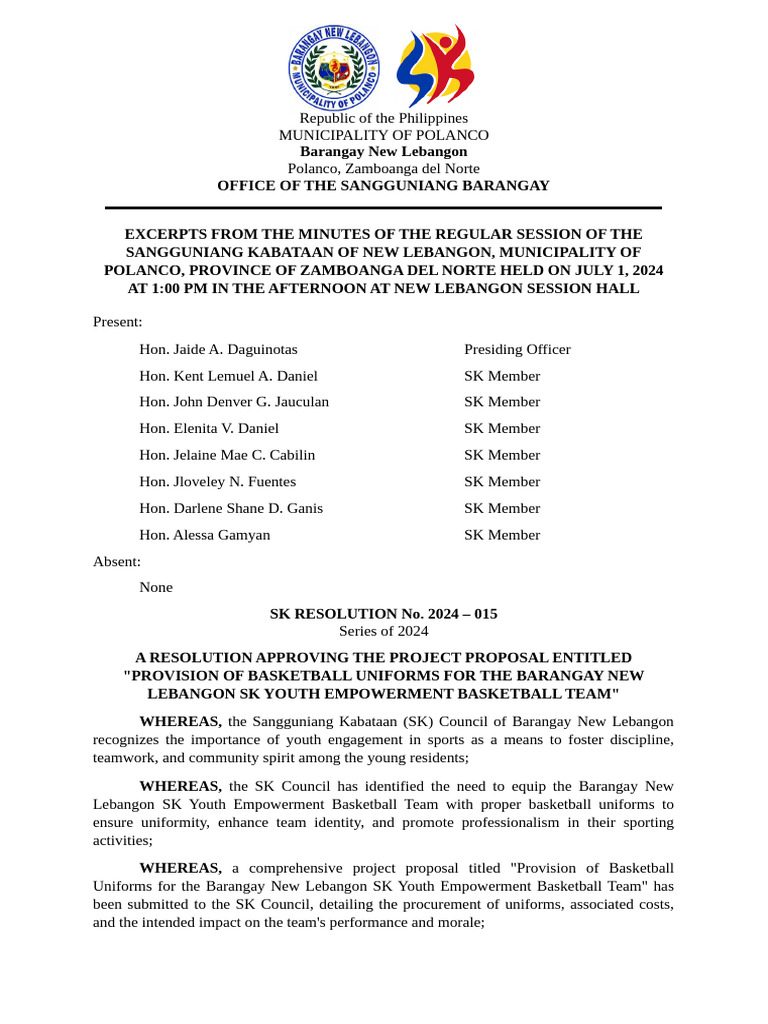 SK RESOLUTION No. 2024 - 015 | PDF