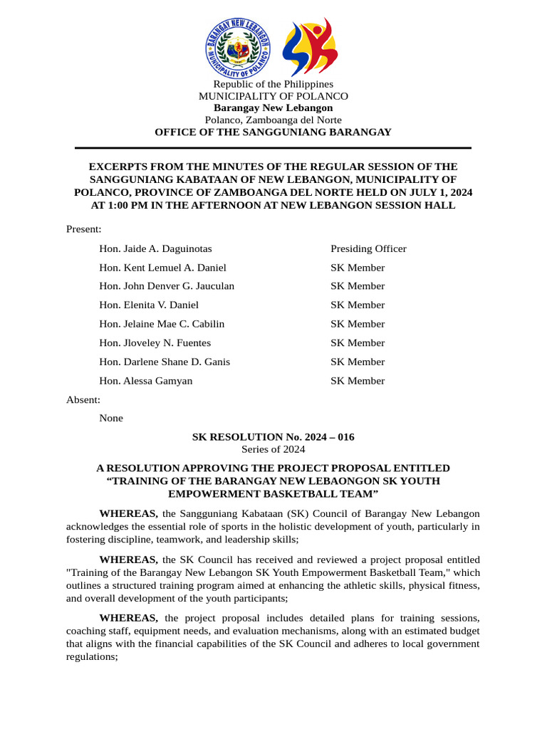 SK RESOLUTION No. 2024 - 016 | PDF
