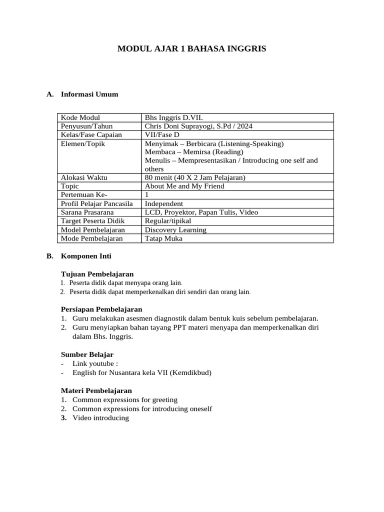 Modul Ajar 1 B.ing 7 (Edit Piloting) - 1 | PDF
