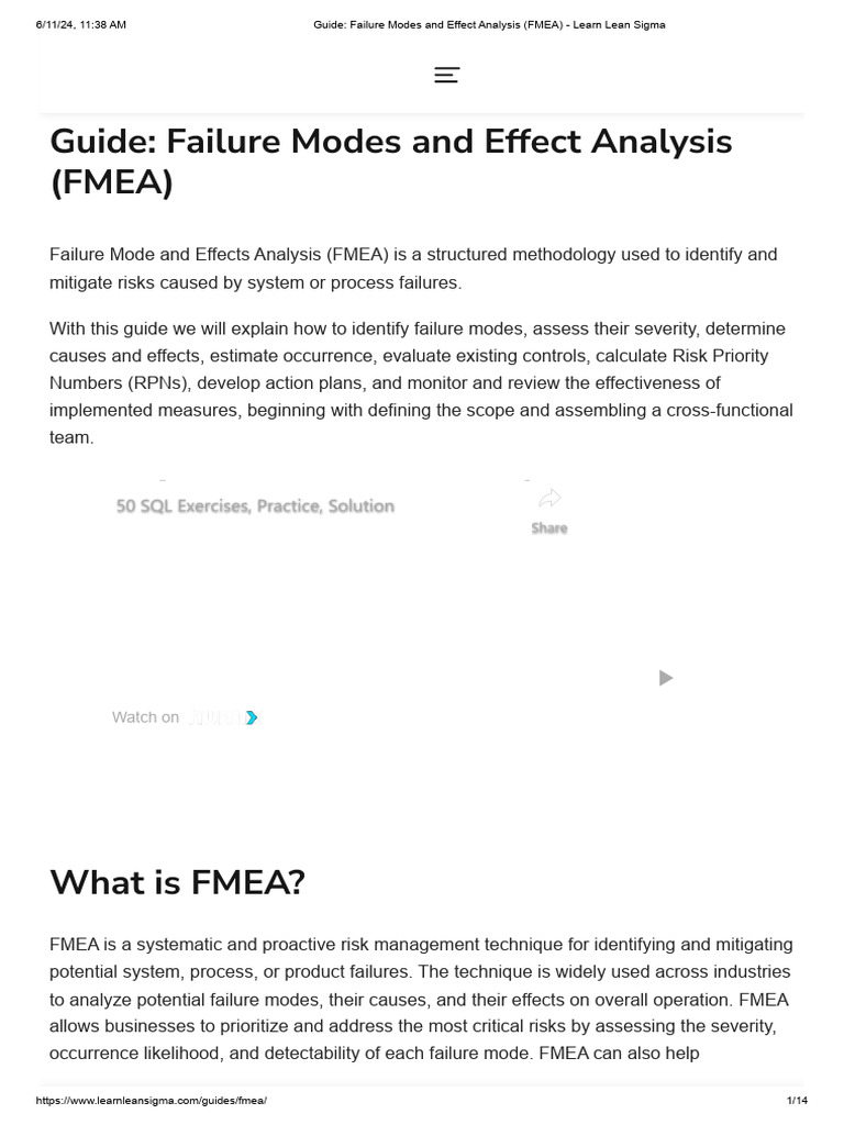 Guide - Failure Modes and Effect Analysis (FMEA) - Learn Lean Sigma | PDF
