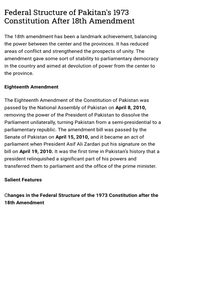 Federal Structure of Pakitan's 1973 Constitution After 18th Amen | PDF