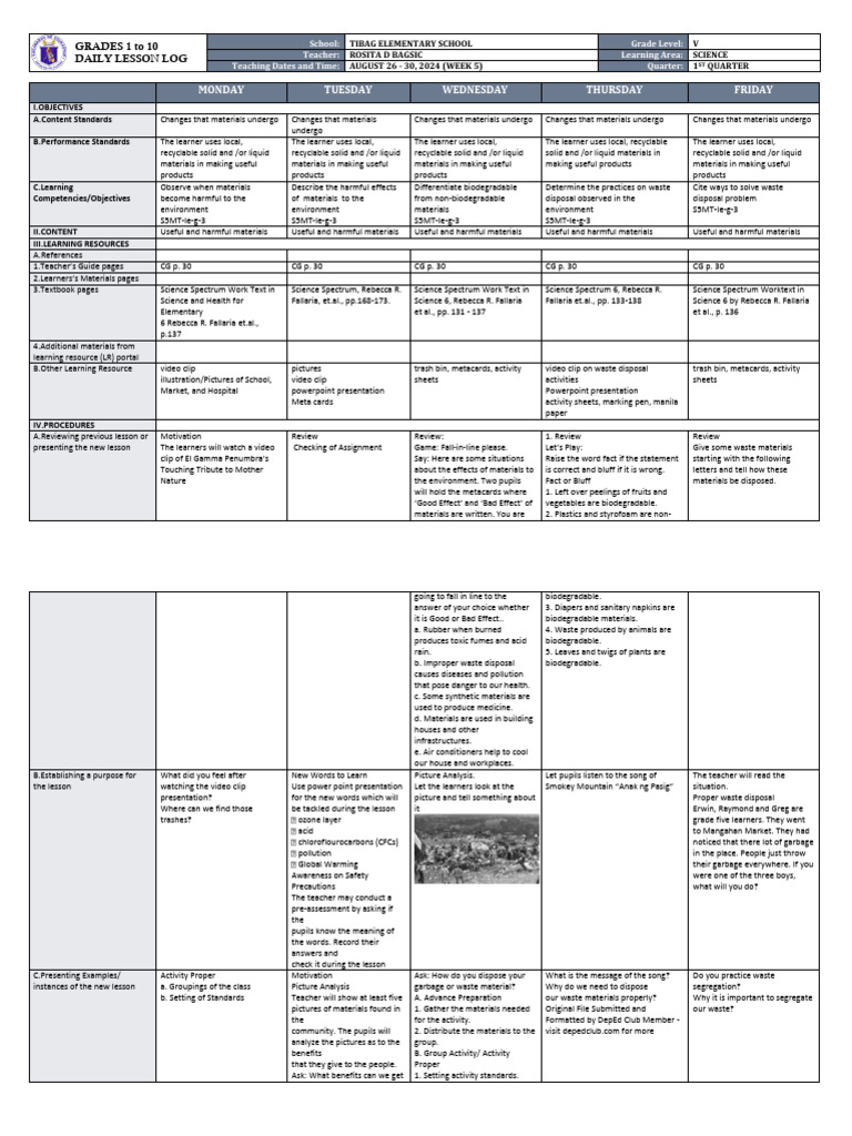 DLL - Science 5 - Q1 - W5 | PDF