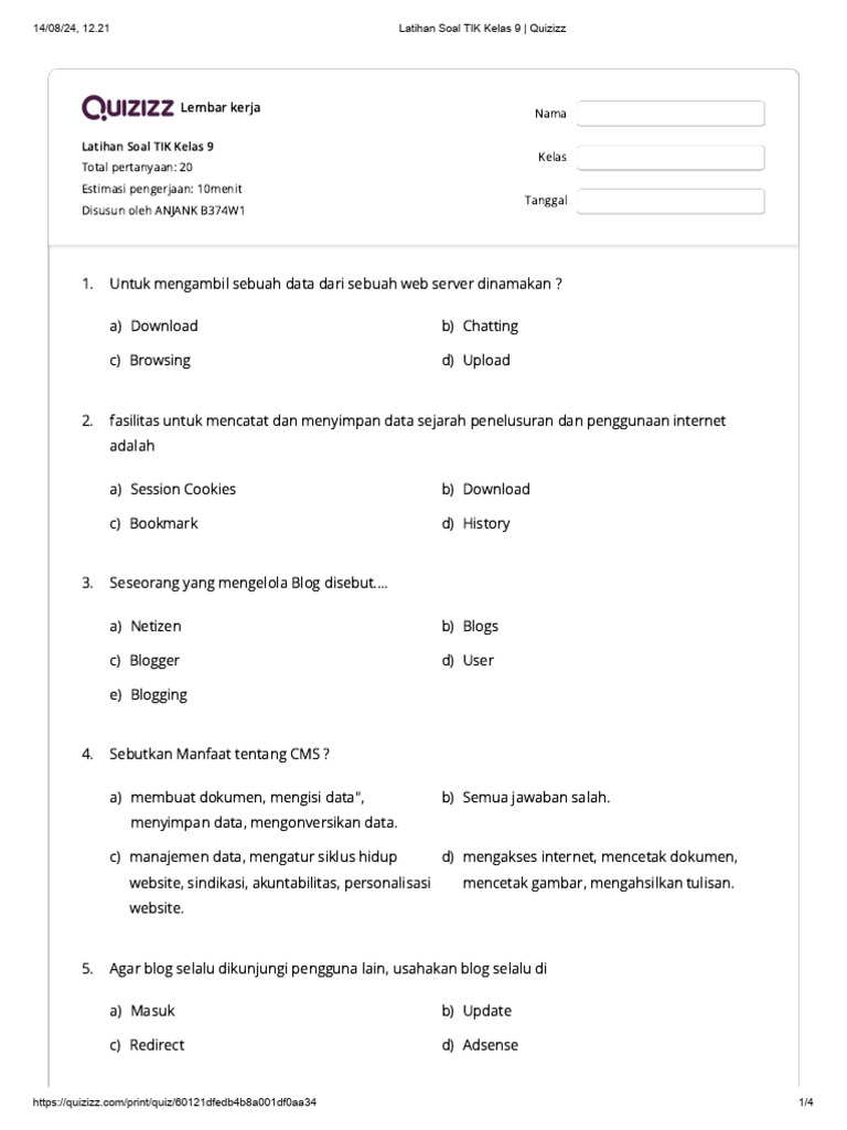 Latihan Soal TIK Kelas 9 - Quizizz | PDF