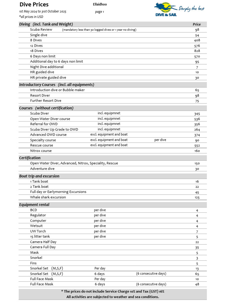 Ellaidhoo Dive Watersports Price List 2024 - 2025 | PDF