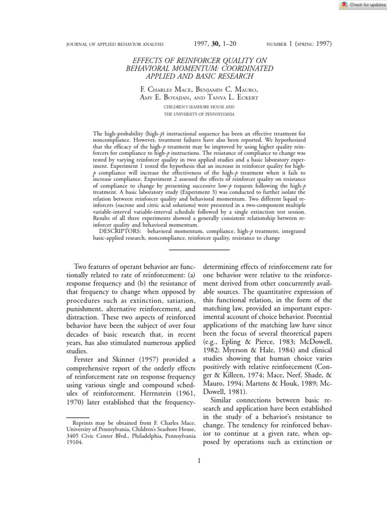 J of App Behav Analysis - 2013 - Mace - EFFECT OF REINFORCER QUALITY ON ...