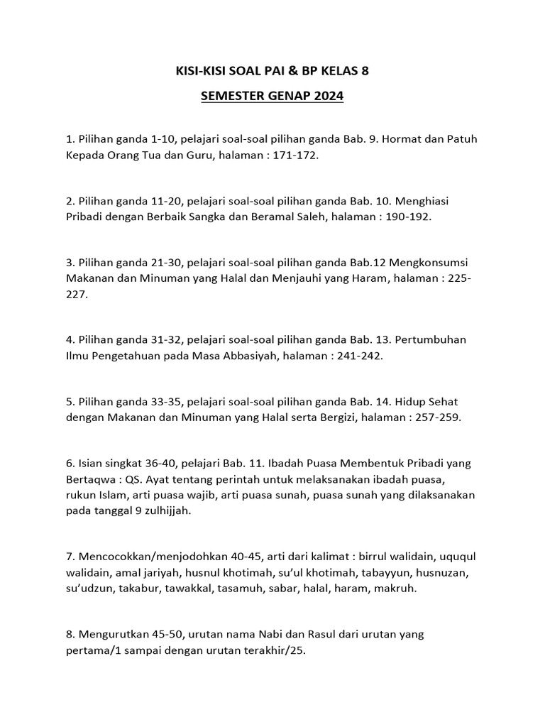Kisi-Kisi Soal Pas Pai & BP Genap 2024 | PDF