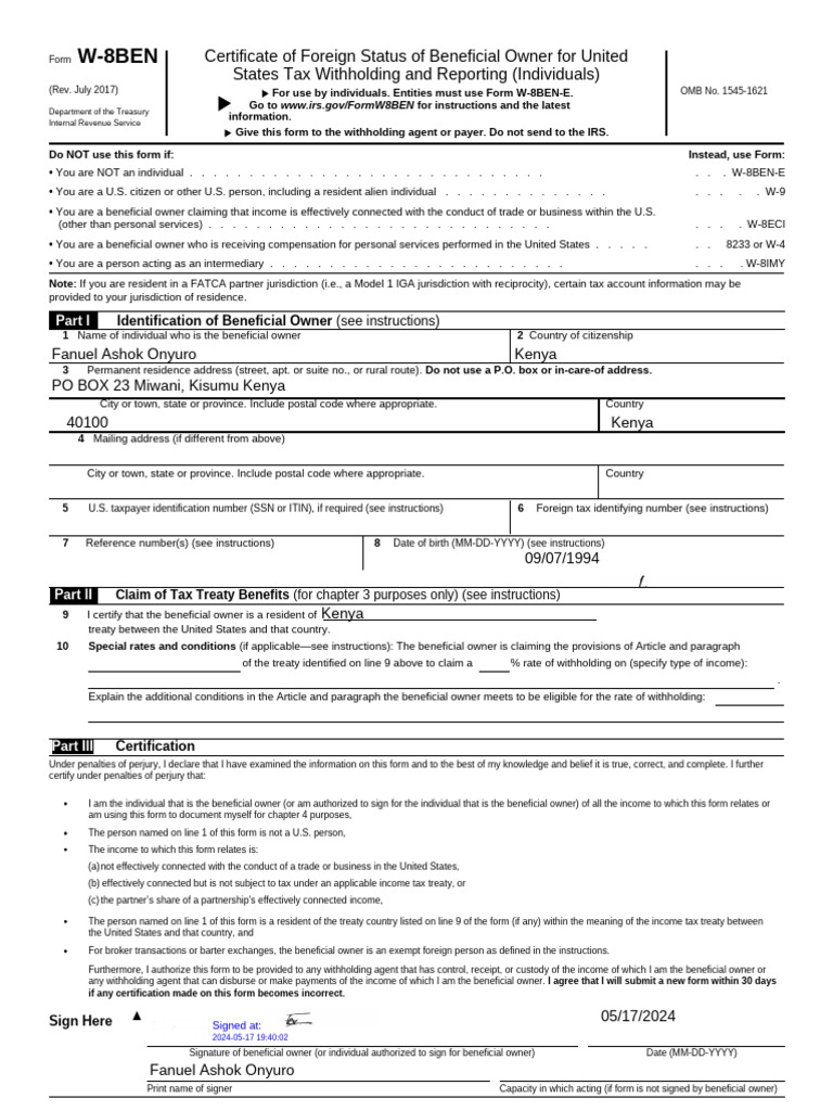 Certificate of Foreign Status of Beneficial Owner For United States Tax ...