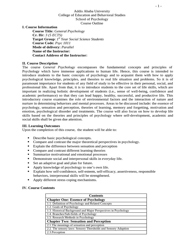 General Psychology Course Outline Sem II2015 EC | PDF