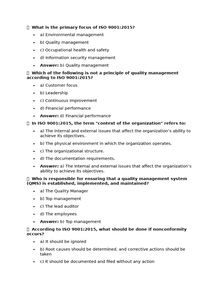 ISO 9001:2015 Exam Questions & Answers | PDF | Iso 9000 | Quality Management System