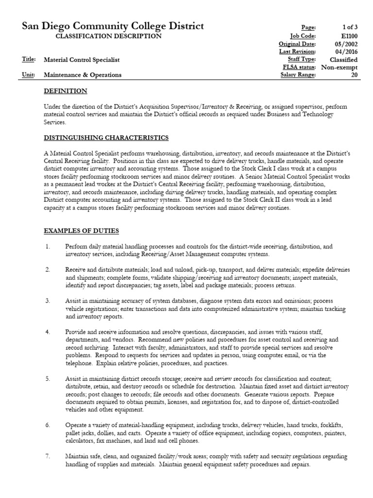 Material Control Specialist | PDF | Inventory | Warehouse