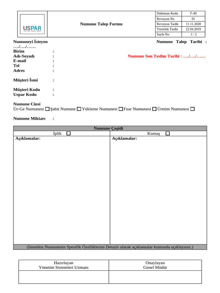 Numune Talep Formu Rev.01 | PDF