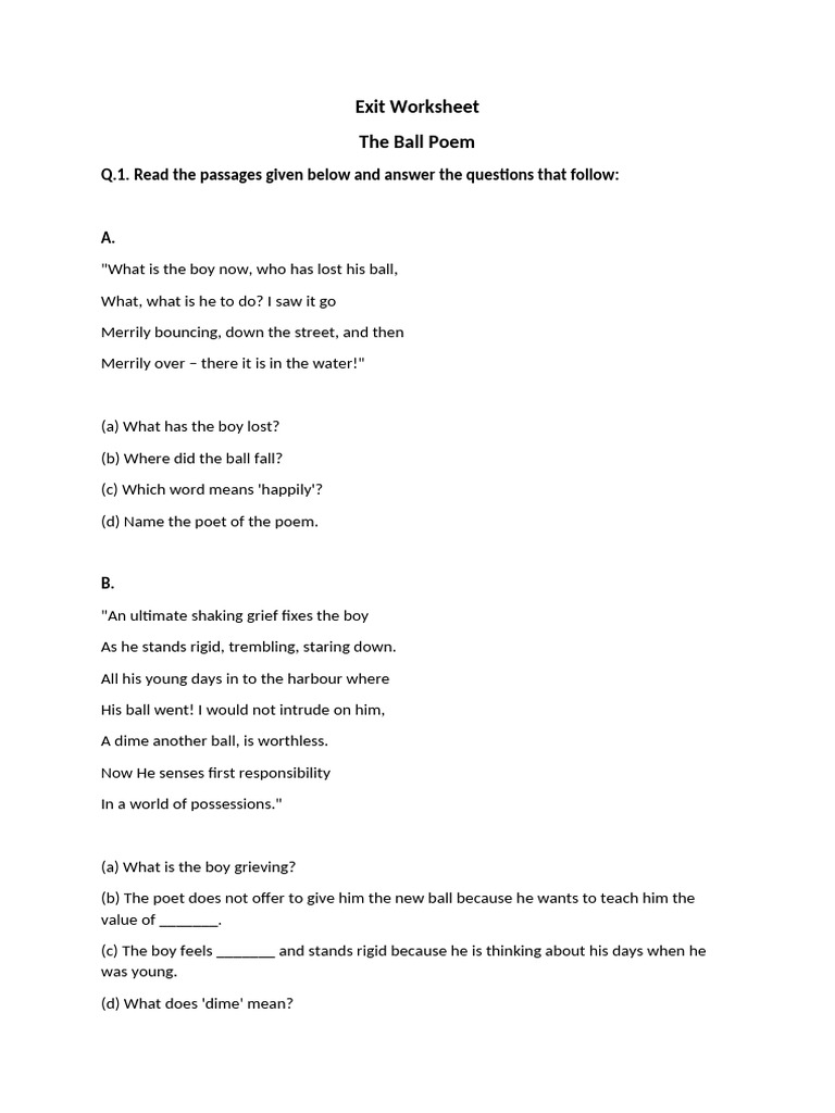Exit Worksheet - Class 10 - The Ball Poem | PDF