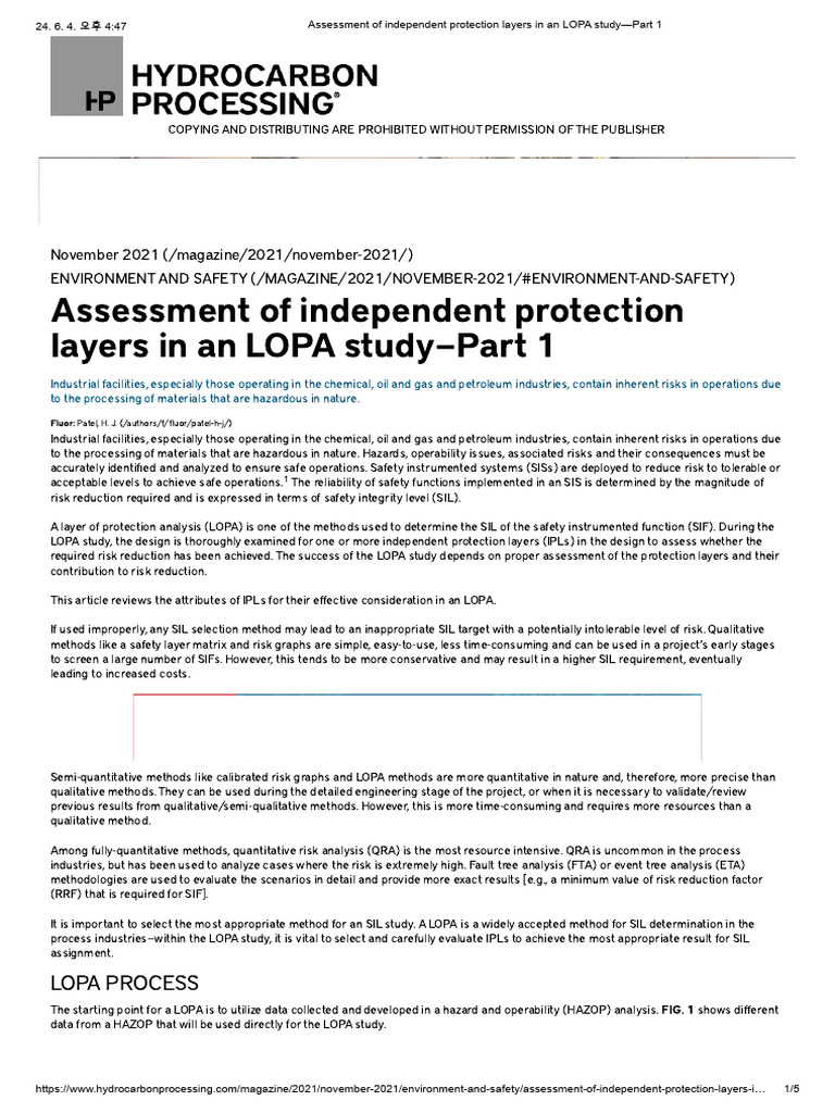 Assessment of Independent Protection Layers in An LOPA Study-Part 1 | PDF