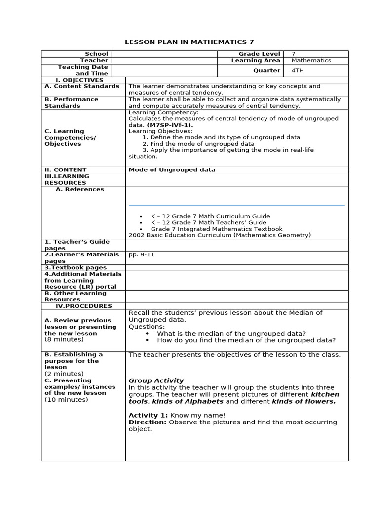Lesson Plan Math 7 - 052746 | PDF