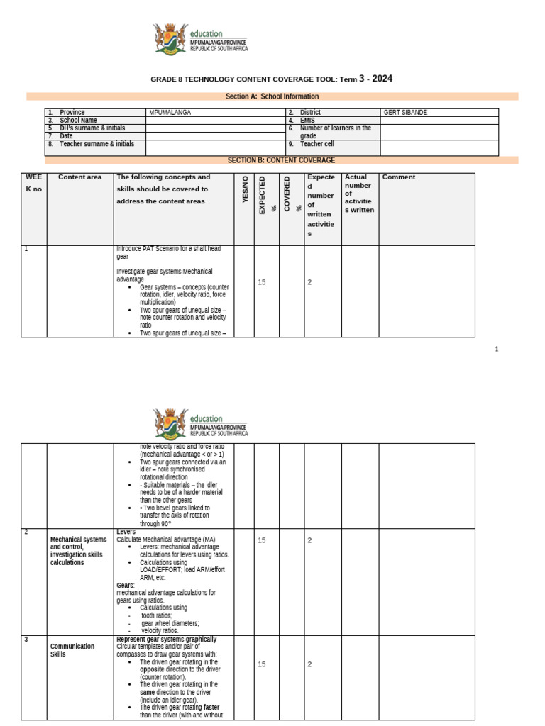 Grade 8 Content Coverage Tool Term 3- 2024 | PDF