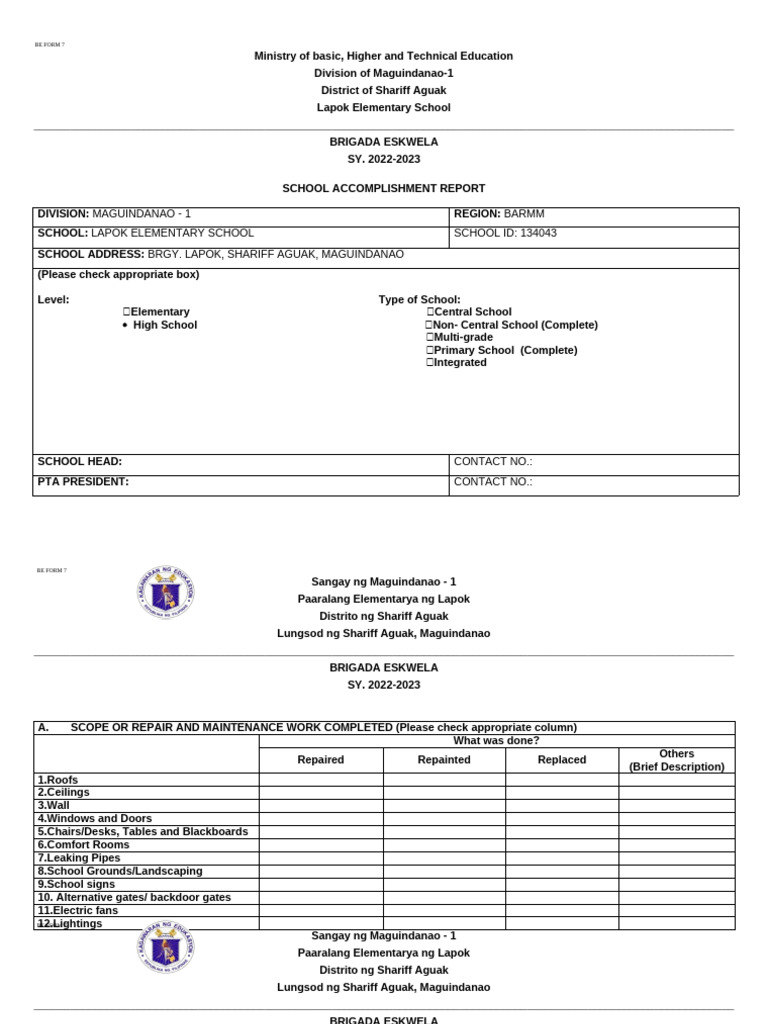Brigada Eskwela Form 7 School Accomplishment Report | PDF
