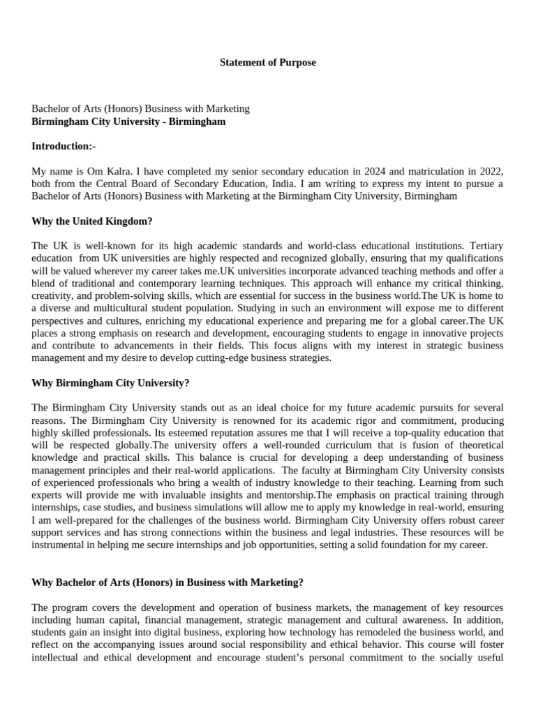 Statement of Purpose - Birmingham City Univ | PDF | Knowledge | Internship
