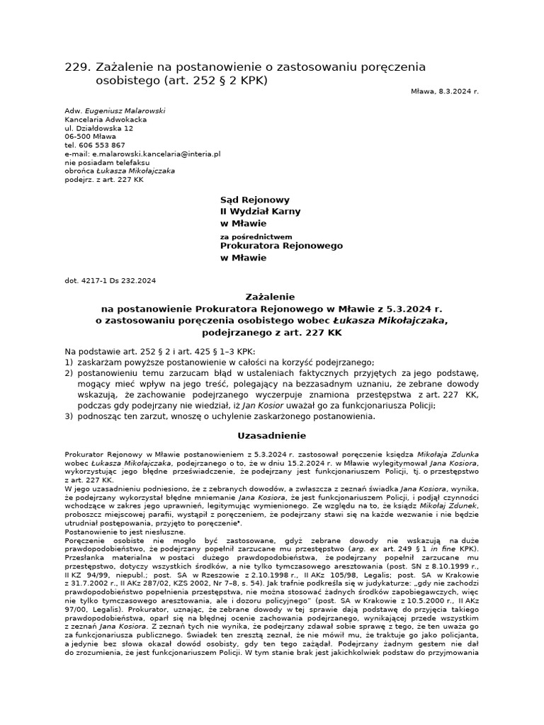 Zażalenie Na Postanowienie o Zastosowaniu Poręczenia Osobistego (Art ...