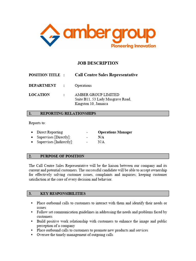 Call Center Job Description | PDF