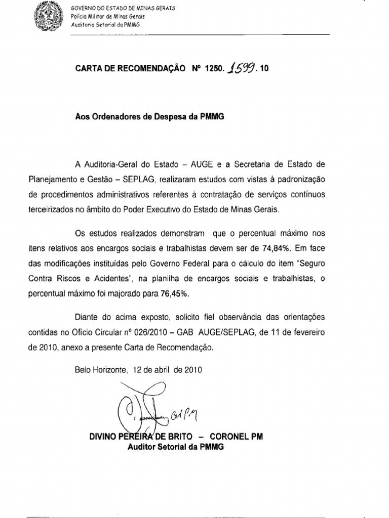 Carta de Recomendação Nº 1250.1599.10 - Encargos Sociais | PDF