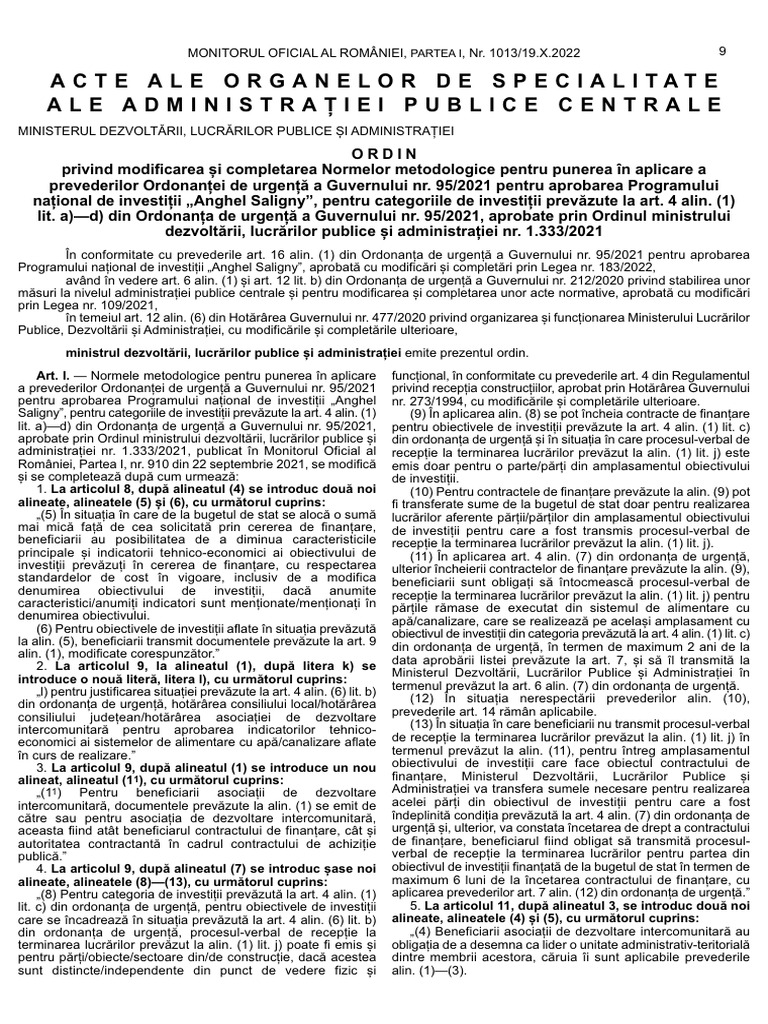 Ordin Modificare Norme Metodologice Program Anghel Saligny | PDF