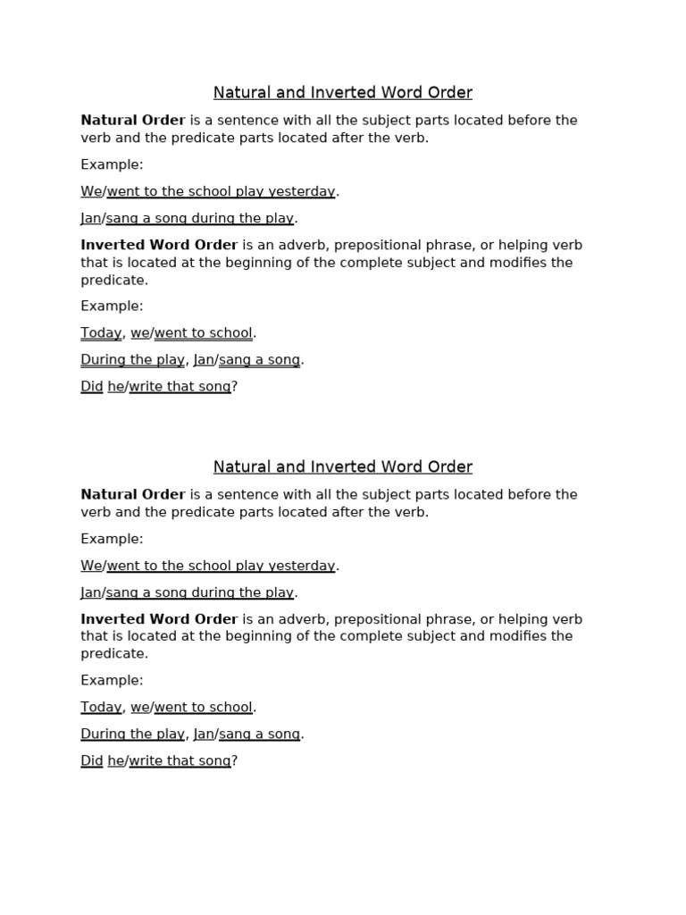 Natural and Inverted Word Order Notes | PDF