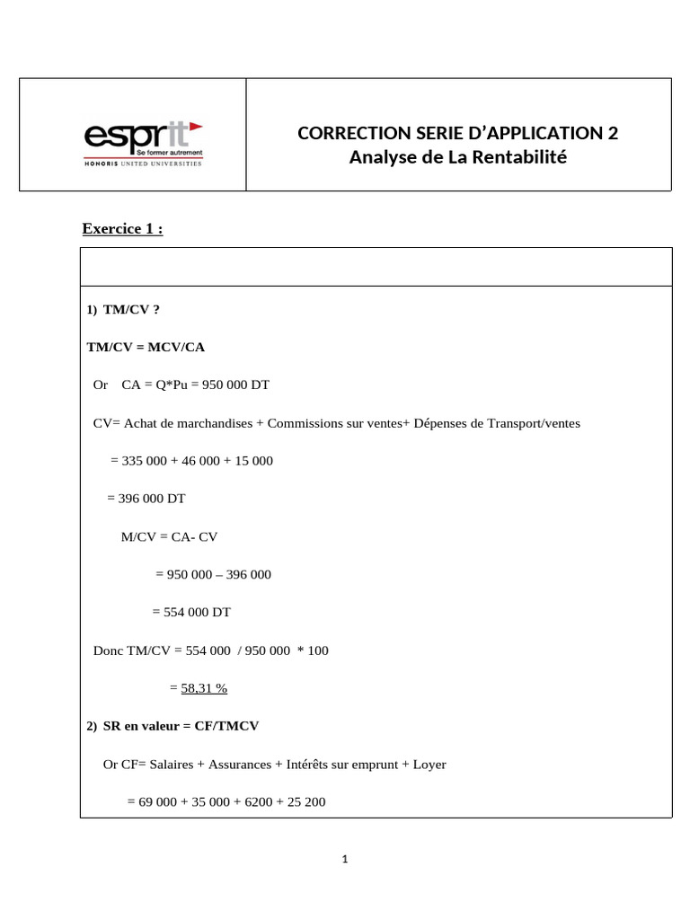 Correction SERIE 02 - Analyse de Rentabilité - 2023-2024 | PDF