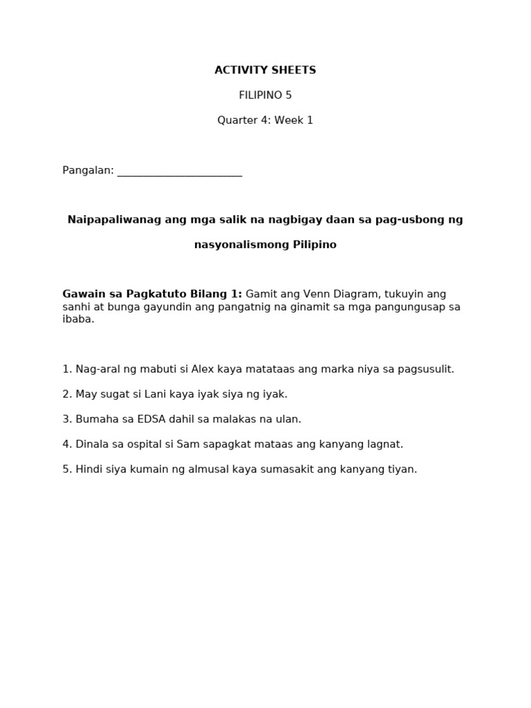 Activity Sheets Filipino 5 | PDF