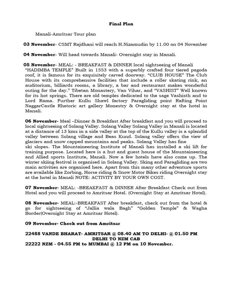 Tour Plan-Manali | PDF