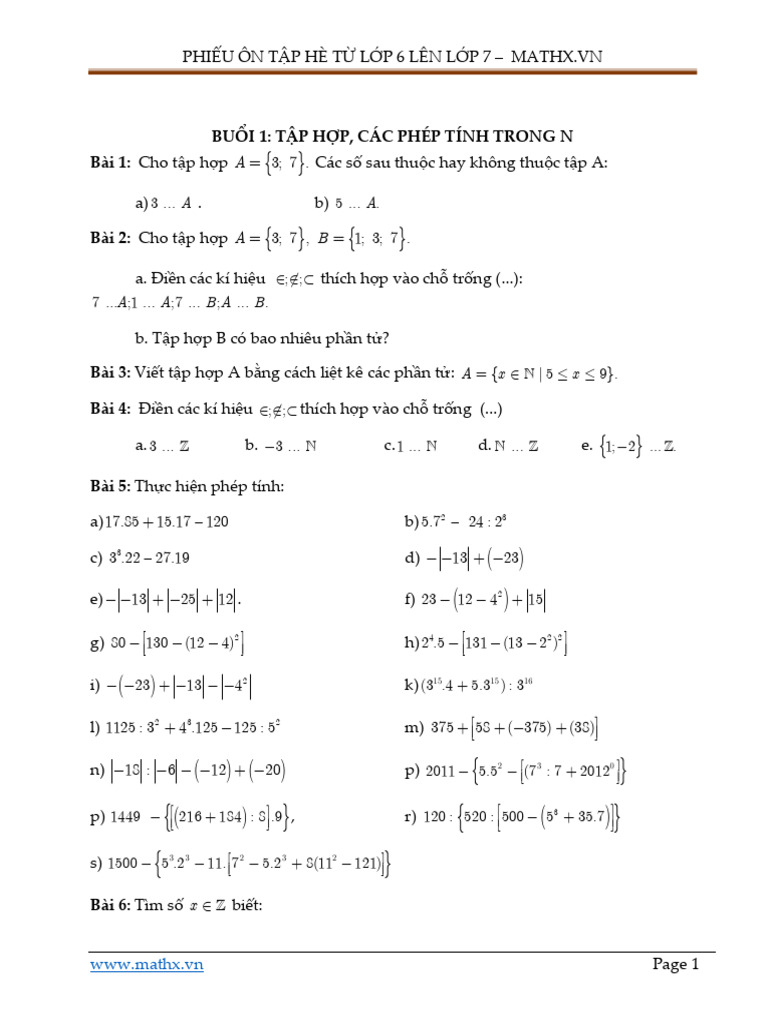 Chuyên đề 1 Tập hợp, các phép tính trong N | PDF