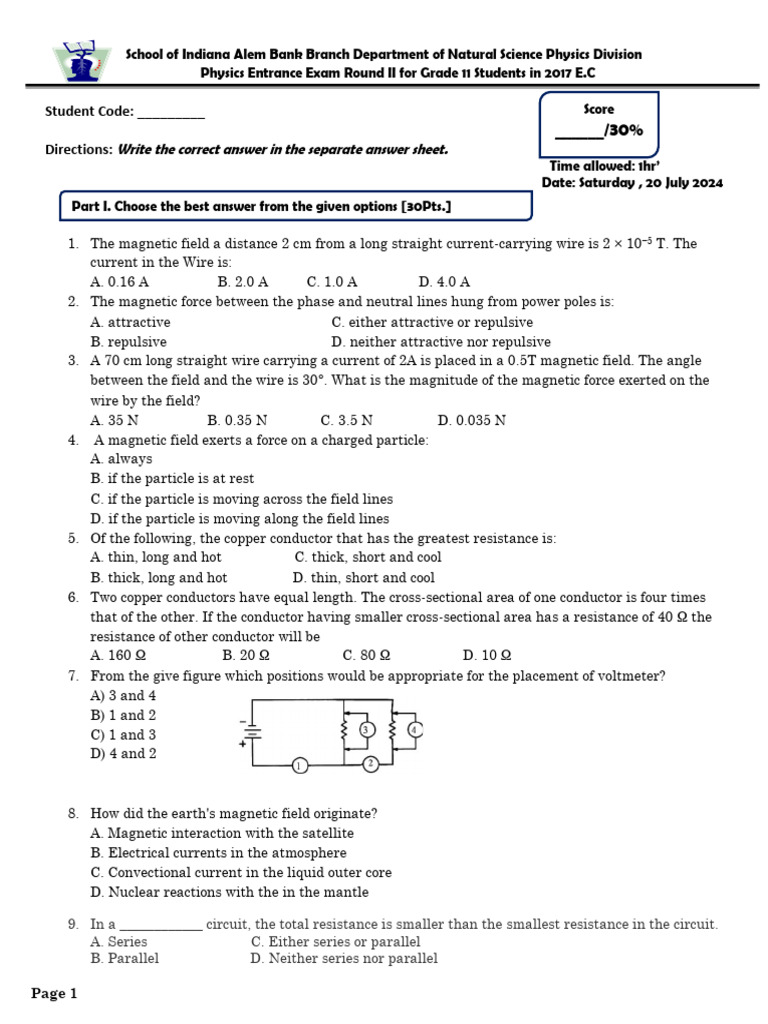 2017 - Phy - G11 - Entrance - Exam - Round II | PDF