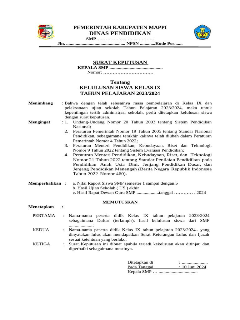 contoh sk kelulusan SMP | PDF